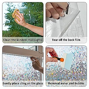 LEMON CLOUD Window Film, Decorative 3D Window Privacy Film and Stained Glass Window Stickers, Rainbow Cling Holographic,No Glue Frosted Anti-UV(3D Half Moon 17.5 x 78.7inches)