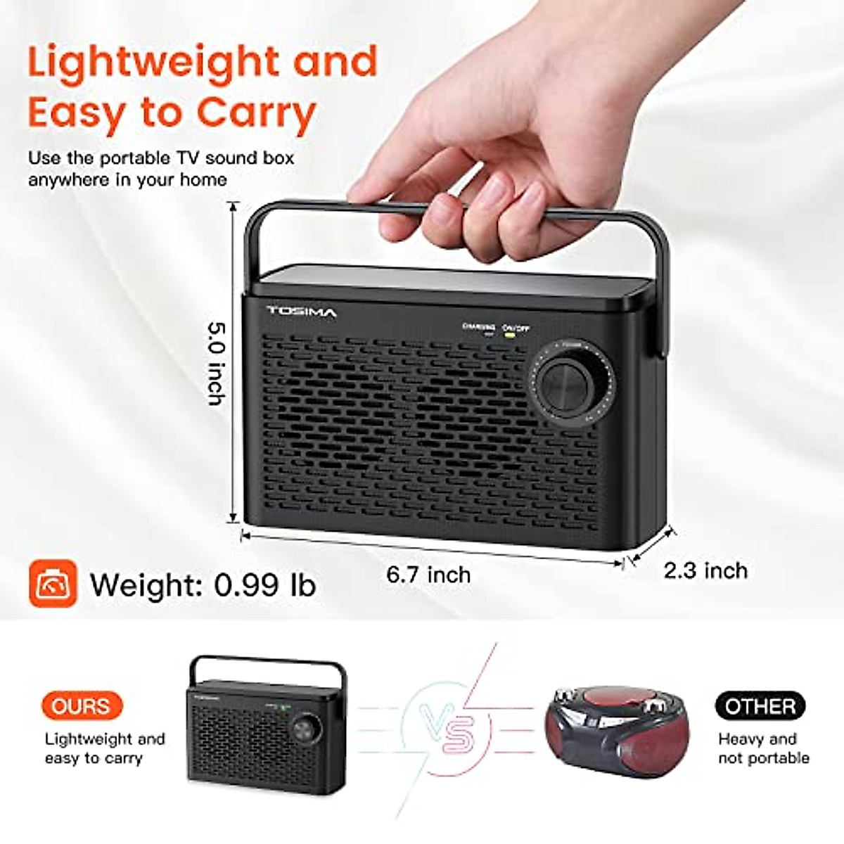 Tosima TV-8000 Wireless Speaker for TV, Easy Control Portable TV Soundbox for Hard of Hearing, Elderly Parent,Rechargable 8 Hours Battery, AUX3.5mm, 2.4G RF Transimitter 100Ft Range