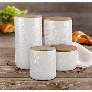 American Atelier Embossed Canister Set 4-Piece Ceramic Set Jar Container with Wooden Lids for Cookies, Candy, Coffee, Flour, Sugar, Rice, Pasta, Cereal & More White