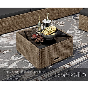 LHBcraft 7 Piece Patio Furniture Set, Outdoor Furniture Patio Sectional Sofa Set, All Weather PE Rattan Outdoor with Black Cushion and Glass Table