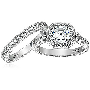 Amazon Essentials Platinum Plated Sterling Silver Infinite Elements Cubic Zirconia Asscher Antique Ring, Size 9 (previously Amazon Collection)