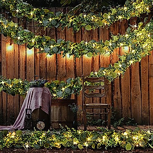 XunYee 5.9 ft Artificial Eucalyptus Garland with 20 LED Fairy String Lights Fake Eucalyptus Leaves Greenery Vines Plant for Table Wedding Bridal Shower Birthday Party Garden Indoor Outdoor (4 Pack)