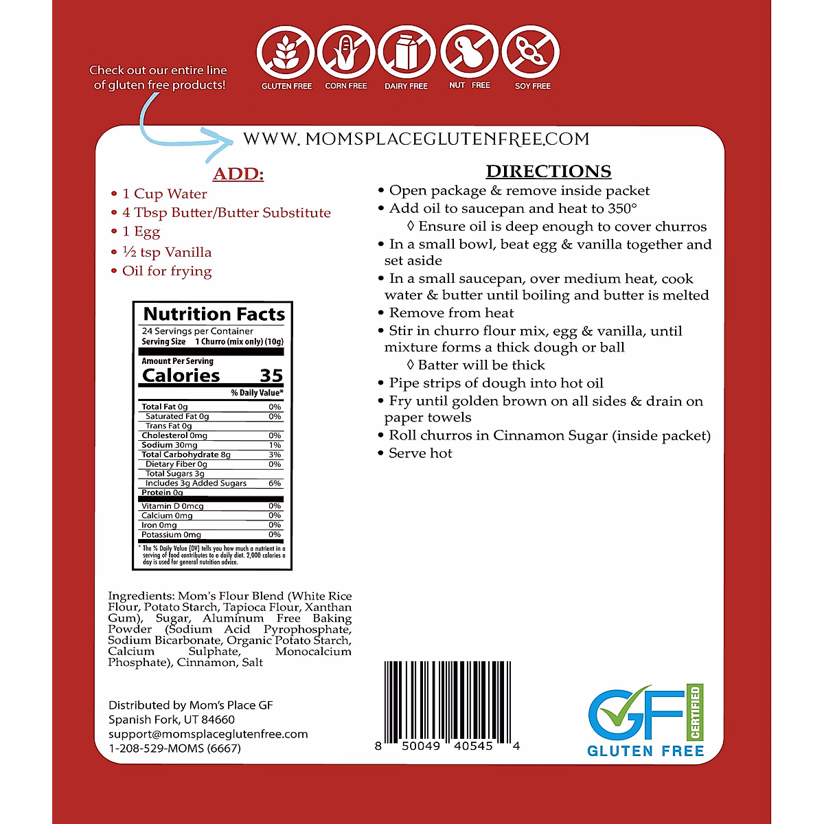 Mom's Place Gluten-Free Cinnamon Sugar Churros Mix, Easy to Make, 24 Servings, Dairy Free, Nut Free, Soy Free, Non-GMO