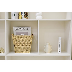 Wicker Waste Basket - Trash Basket with Wooden Built-in Handles - Wastebaskets for Bedroom, Bathroom, Kitchen, Living Room, Office - Handwoven Trash Cans for Under Sink, Garbage Can (Water Hyacinth)