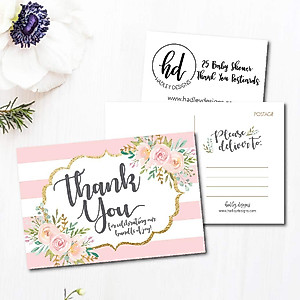 25 Girl Baby Shower Thank You Note Card Bulk Set, Floral Pink and Gold Blank Cute Sprinkle Postcards, No Envelope Needed Stationery Appreciation For Party Gifts, Personalize Printable Cardstock Paper