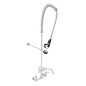 Commercial Kitchen Sink Pre-Rinse Faucet - DuraSteel 42" Height 8" Center No-Lead Wall Mount Industrial Faucet w/ Pull Down Pre-Rinse Sprayer & 12" Add-on Swing Spout - NSF Certified