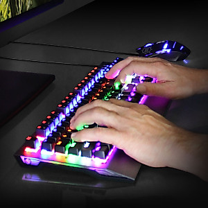 ENHANCE LED Mechanical Gaming Keyboard - Red Switches 104 Backlit Keys Pro Series FPS/MOBA Brushed Aluminum Metal - Anti Ghosting, N-Key Rollover, 10 Lighting Modes - Scoria Tournament Keyboard