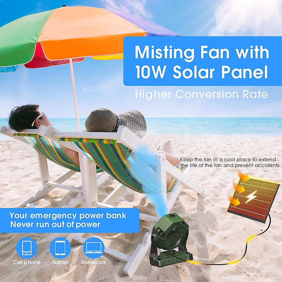 Ausic 10W Misting Solar Fan, 10000mAh Camping Fan Portable with Solar Panel & 250ml Water Tank, 8 Inch Battery Operated Rechargeable Cooling Fan with Hook, Outdoor Tent Fan for Travel