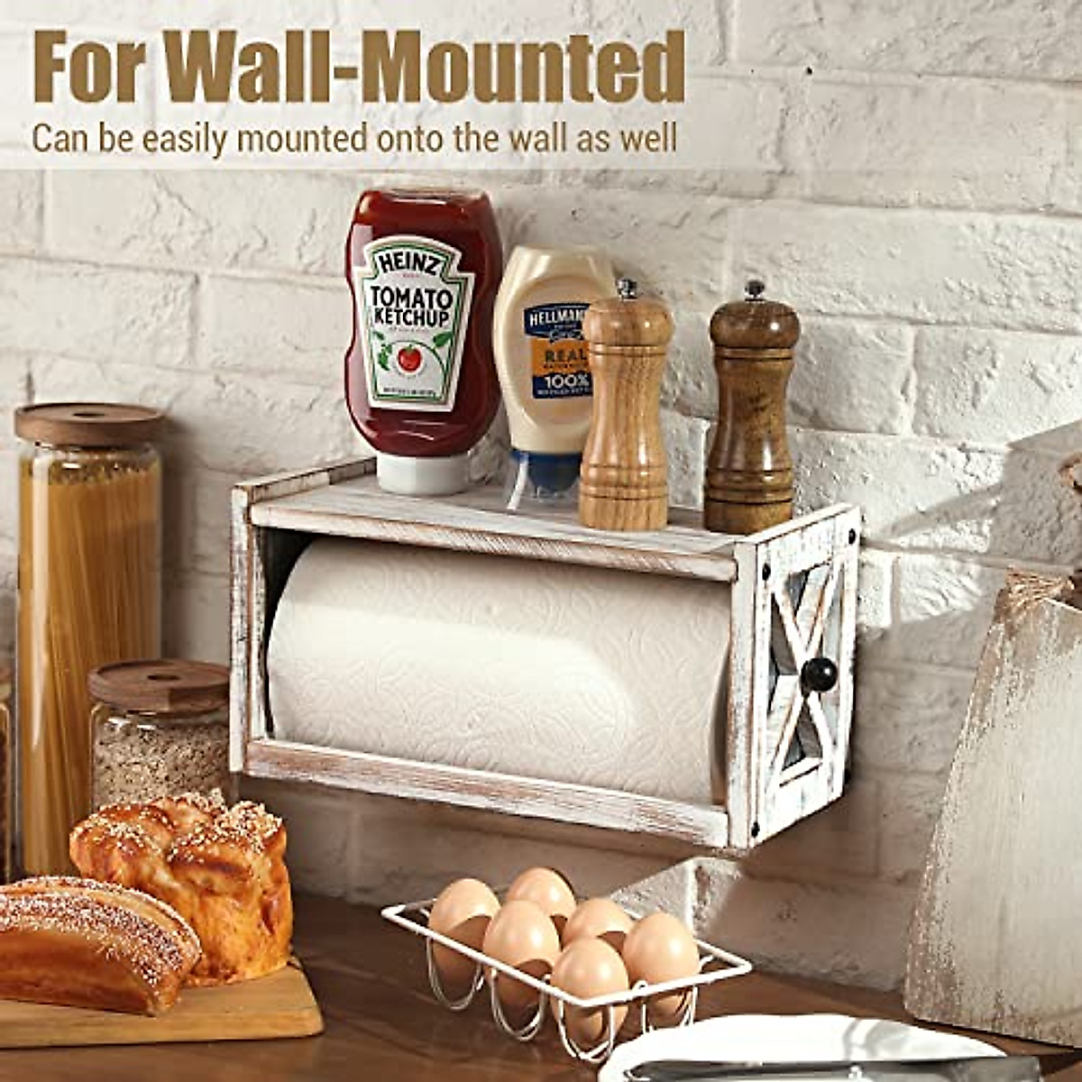 FARM IN Paper Towel Holder, Rustic Wall Mount & Countertop Kitchen Organizer with Top Storage Shelf and Barn Door “X-Cross” Design, Industrial Farmhouse Paper Towel Dispenser, Bathroom Towel Rack
