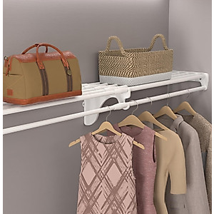 EZ Shelf DIY Expandable Closet Shelf & Rod - 28” - 48” - White - Mounts to 2 Sidewalls (No End Brackets) - Easy to Install-Strong - Wire Shelving Alternative - Rod & Shelf Kit (EZS-SCRW48)