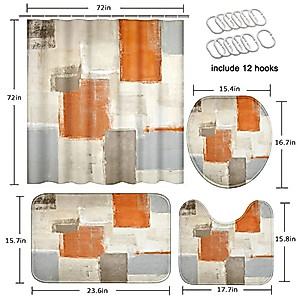4 Pcs Shower Curtain Set,Beige and Orange Abstract Art Shower Curtain with Non-Slip Rugs,Toilet Lid Cover and Bath Mat, Bathroom Sets Decorations 72" x 72"
