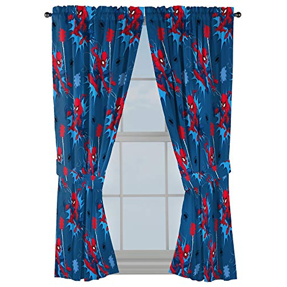 Jay Franco Kids Window Drapes - 4 Piece Curtain Set Includes 2 Tiebacks, Beautiful Bedding Room Décor and Easy Set Up, Blue - Spiderman, 63 Inch