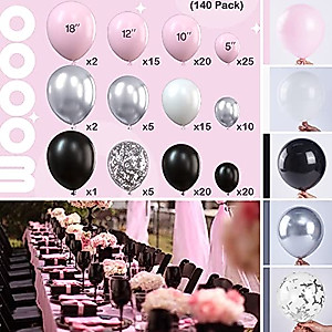PartyWoo 140 pcs Black Pink and Silver Balloon Garland, Pack of Black, Pastel Pink, White and Silver Balloons for Balloon Garland as Birthday Decorations, Baby Shower Decorations, Wedding Decorations
