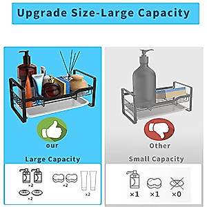 Cade Sink Caddy, Sponge Holder for Kitchen Sink, 304 Stainless Steel, Large Capacity Kitchen Sink Organizer Soap Brush Dispenser, Countertop with Removable Drain Tray (Black)