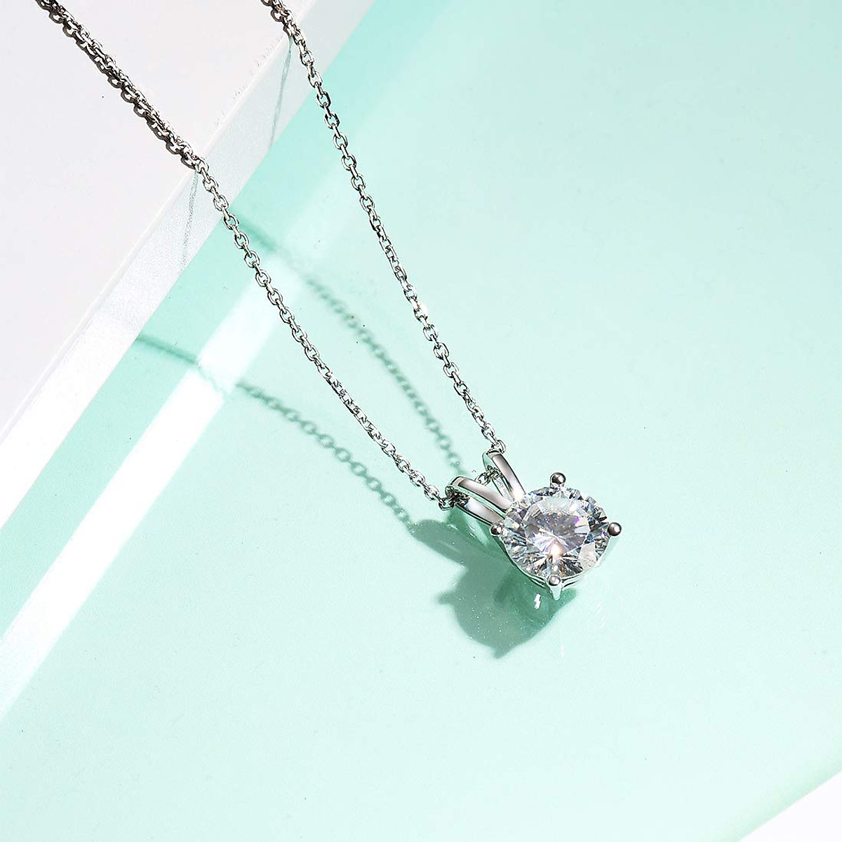 FANCIME 14k Solid White Gold Round 4 Prong 1 Carat Moissanite Simulated Diamond 6.5mm D-E Color VVS Clarity Pendant Necklace For Women, 16" + 2" Extender