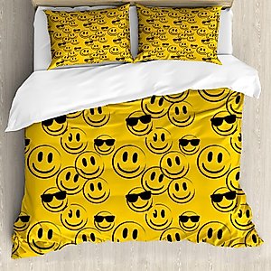 Ambesonne Emoji Duvet Cover Set, Modern Minimalist Pattern of Smiling Happy Faces with Sunglasses Print, Decorative 3 Piece Bedding Set with 2 Pillow Shams, Queen Size, Earth Yellow and Black