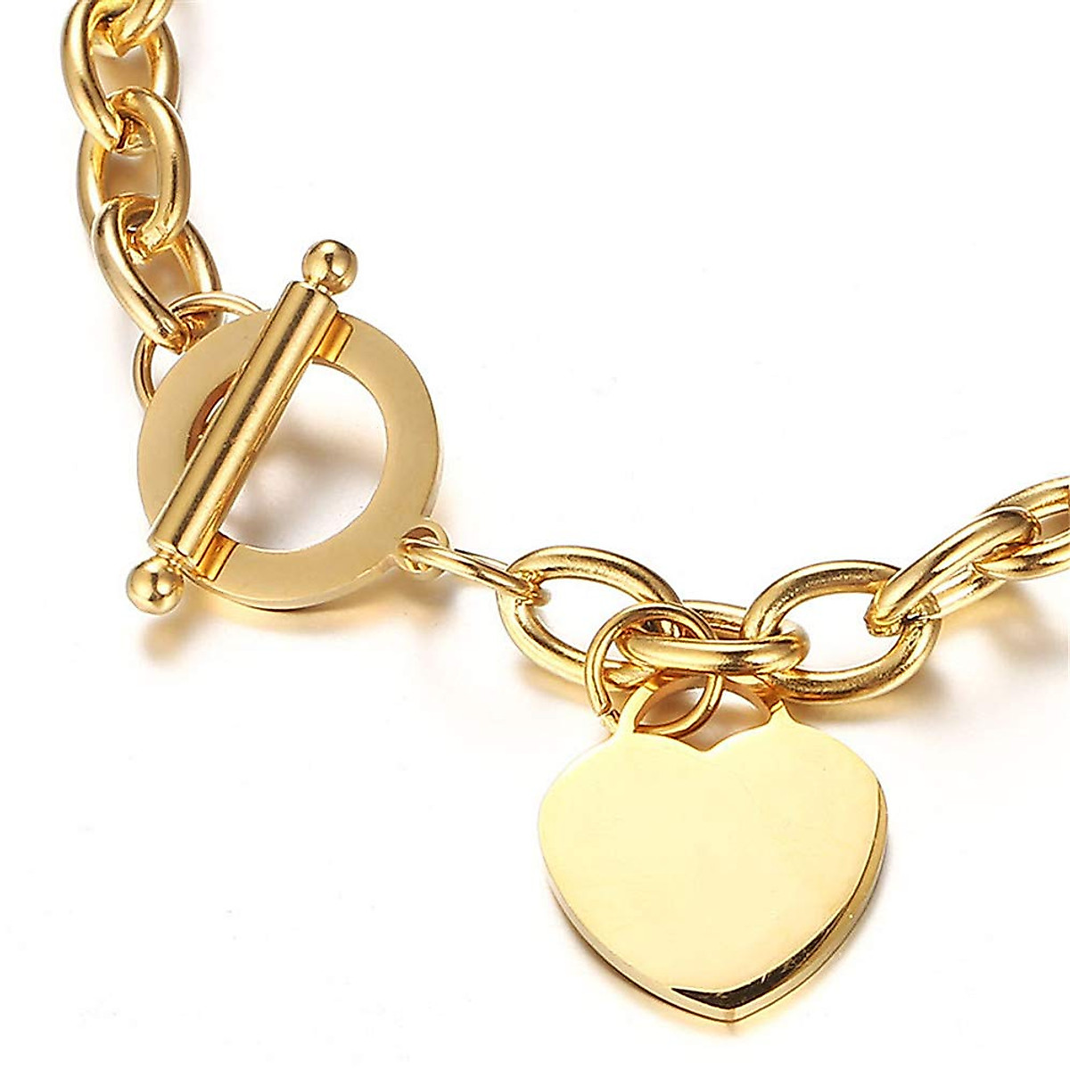 WangGao Elegent Love Stainless Steel Link Chain Blank Heart Charms Bracelet for Women Fits 6.27-7.24'' Wrist Toggle Clasp Closure Gold