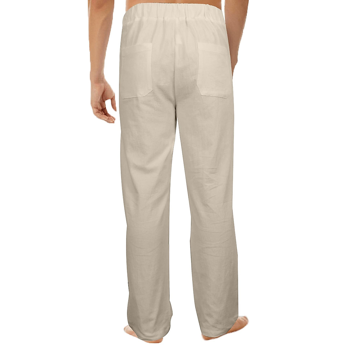 LVCBL Khaki Cotton Pants Men Casual Linen Beach Pants Drawstring Trousers,Khaki,M