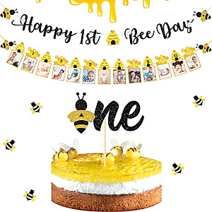 3 Pcs Happy 1st Bee Day Party Decorations, Bumble Honey Bee 1st Birthday Baby Photo Banner and Cake Topper, Bee Decorations Bee Birthday Party Decorations Bee Cake Decorations for Boys Girls Newborn