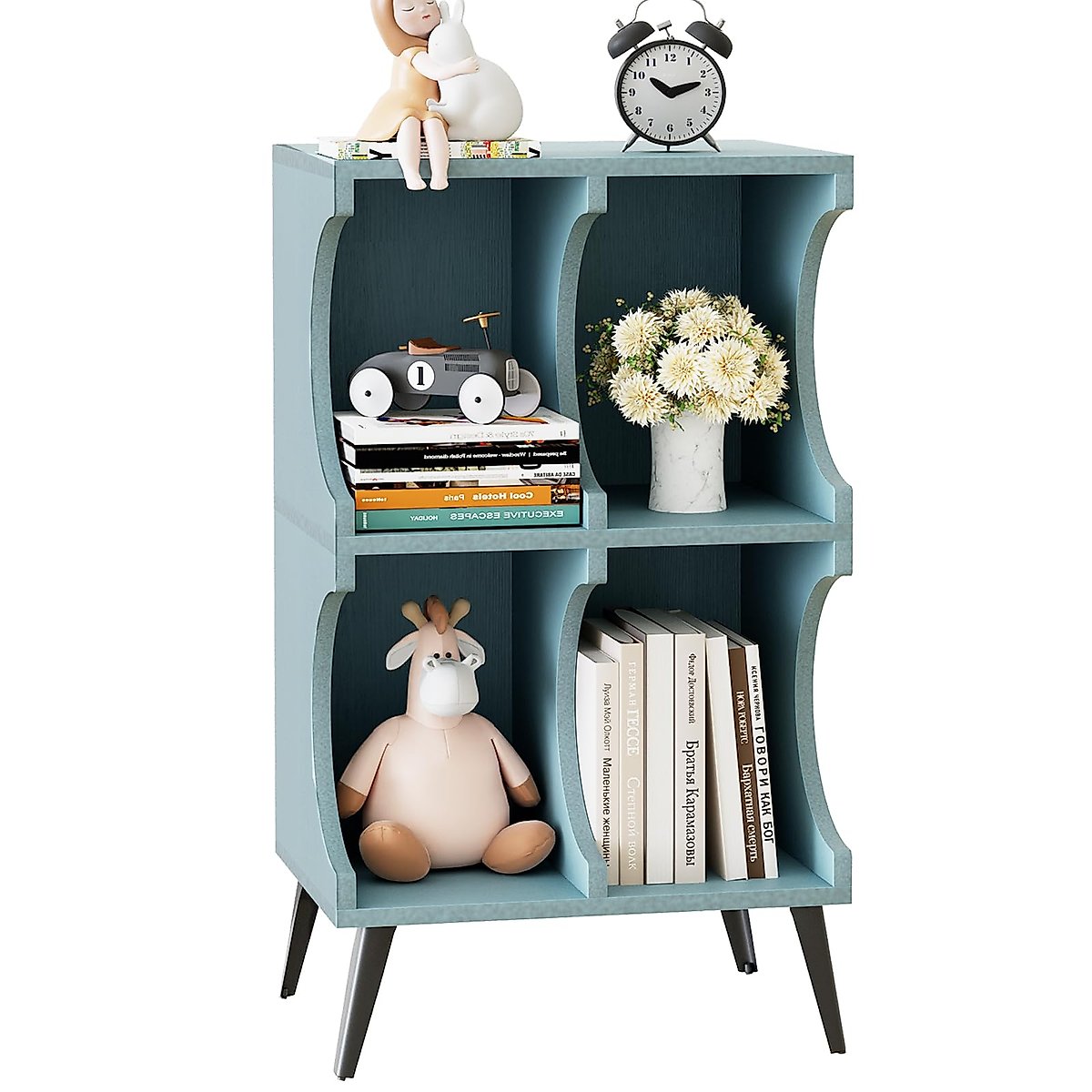 Aenuert Bookcase 4 Cube Bookshelf,Blue Open Cube Small Book Shelf Circle Arc Storage Shelf Display Cabinet Organizer,2 Tiers Modern Wooden Bookcase with Cubby Storage for Living Room,Bedroom,Office