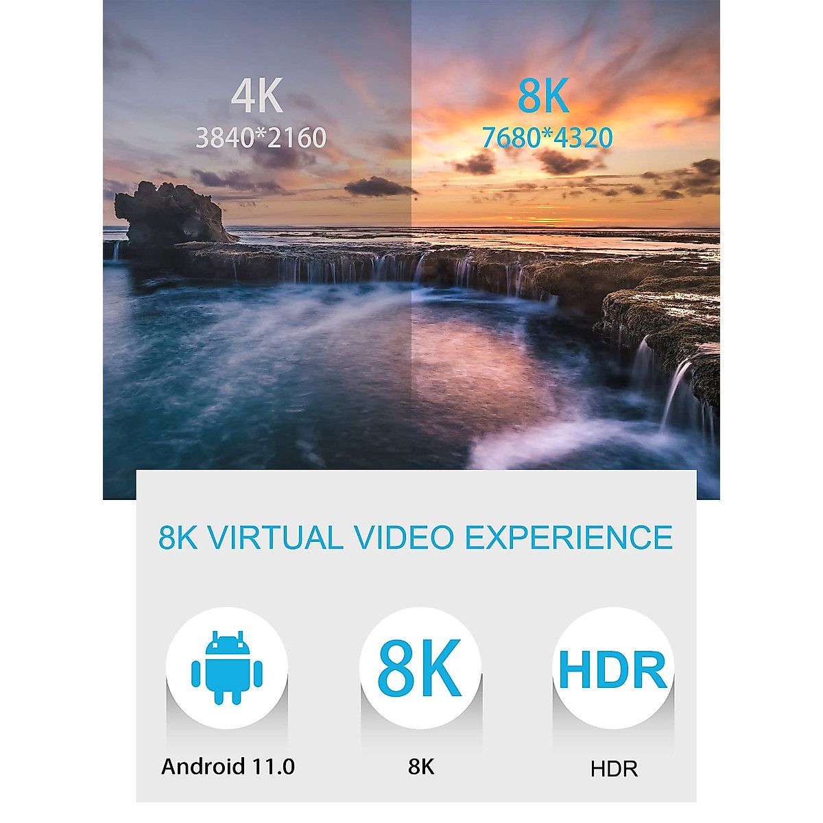 8K Android TV Box, 8GB RAM 128GB ROM Support 1000M LAN Dual-Band WiFi 2.4G/5G, 8K/6K/4K HDR10 3D Smart TV Box