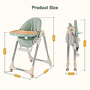 Ezebaby Baby High Chair, Portable High Chair with Adjustable Heigh and Recline, Foldable High Chair for Babies and Toddler with 4 Wheels, High Chair for Toddlers with Removable Tray-(Green)
