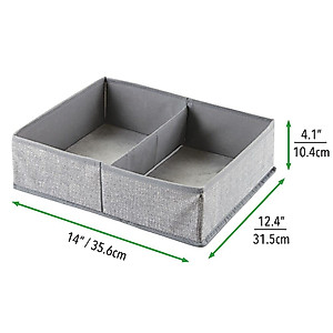 mDesign Soft Fabric Dresser Drawer and Closet Storage Organizer Bin for Child/Kids Room, Nursery, Playroom - Divided 2 Section Tray - Textured Print, 2 Pack - Gray