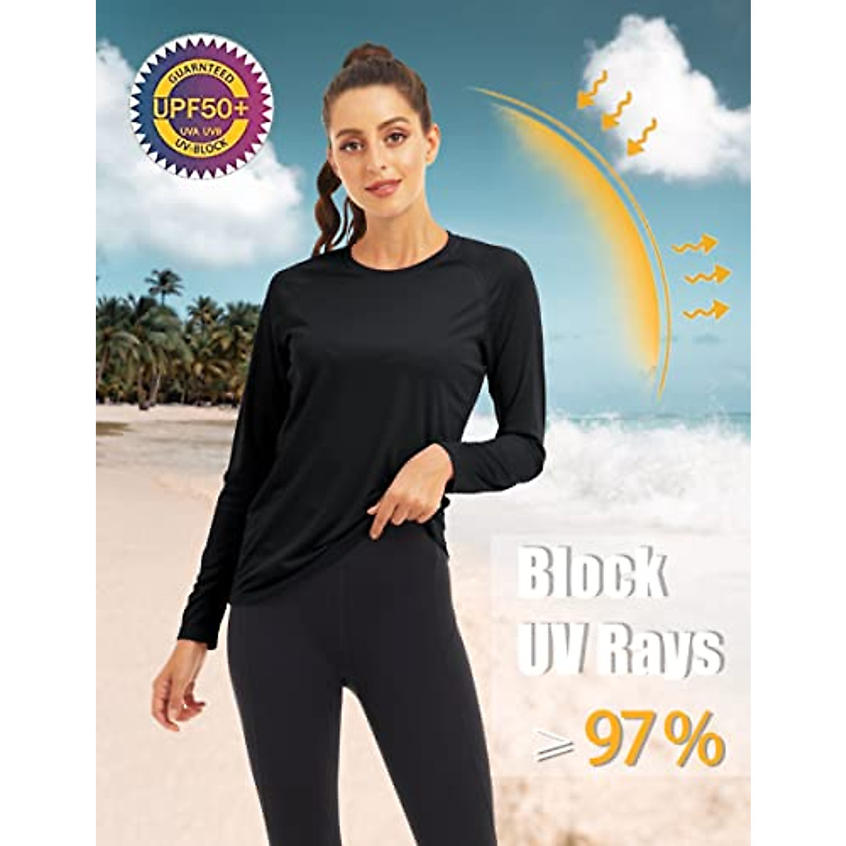 MAGCOMSEN Women's UPF 50+ SPF Long Sleeve Swim Shirt, Fishing & Hiking Rash Guard - Black