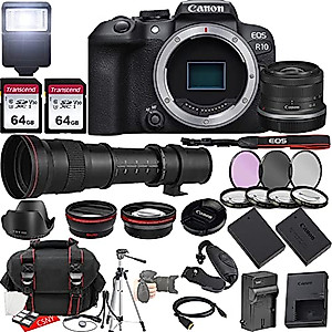 Canon EOS R10 Mirrorless Camera w/RF-S 18-45mm f/4.5-6.3 is STM Lens + 420-800mm f/8.3 HD Manual Telephoto Lens + 2X 64GB Memory + Hood + Case + Filters + Tripod & More (35pc Bundle)