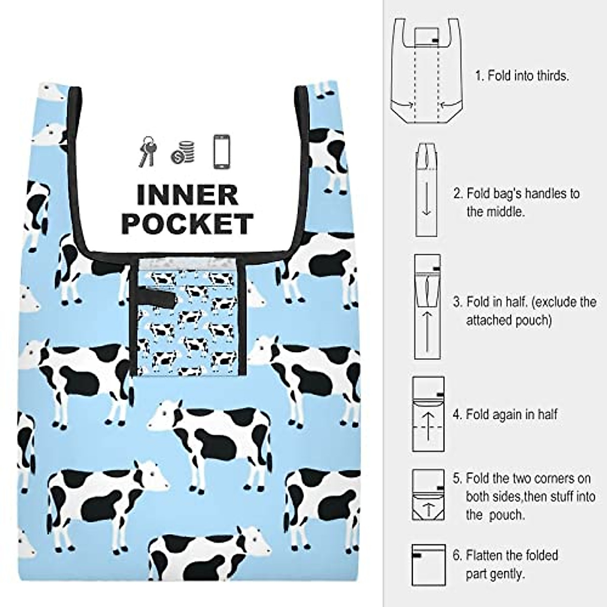 Cow Printed Reusable Grocery Bag with Handle Foldable Shopping Tote Bags Portable for Supermarket Camping