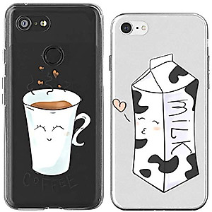 Toik Matching Couple Cases for Apple iPhone 11 Pro Xs Max Xr 10 X 8 Plus 7 6s 5s SE White Kawaii BFFs Milk Print Gift Slim Design Black Clear Lightweight TPU Boyfriend Soulmate Coffee Apple Cute
