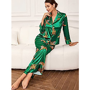 SheIn Women's Satin Sleepwear Lapel V Neck Leopard Print Long Sleeve Pajamas Set Green Polka Dot & Tiger Print Medium