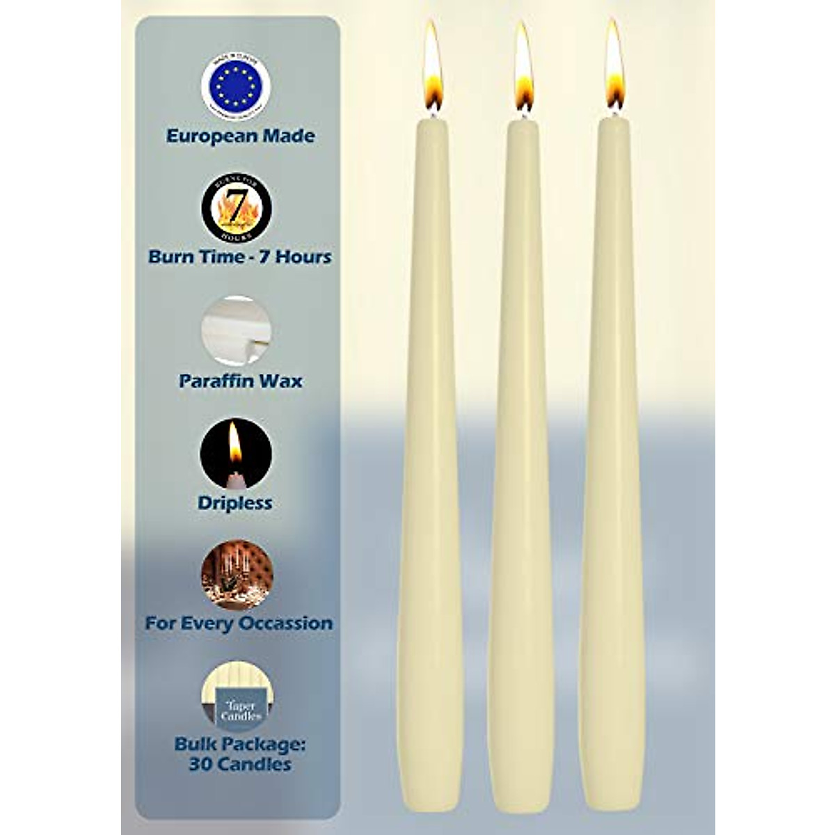 Hyoola Tall Taper Candles - Tapered Candles - Ivory Dripless Candle Sticks - 8 Inch (20cm) - 7 Hour Burn Time (30-Pack)