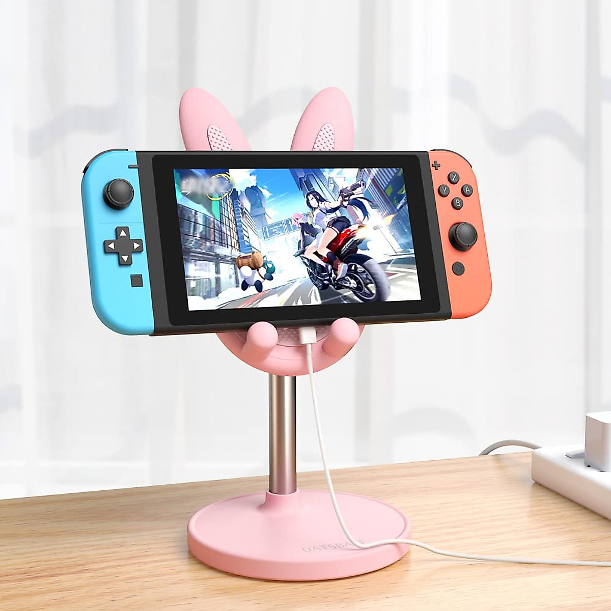 OATSBASF Cell Phone Stand, Adjustable Cute Bunny Phone Stand for Desk, Kawaii Phone Holder Stand, Compatible with All Mobile Phones, iPhone, Kindle, Switch (Pink)