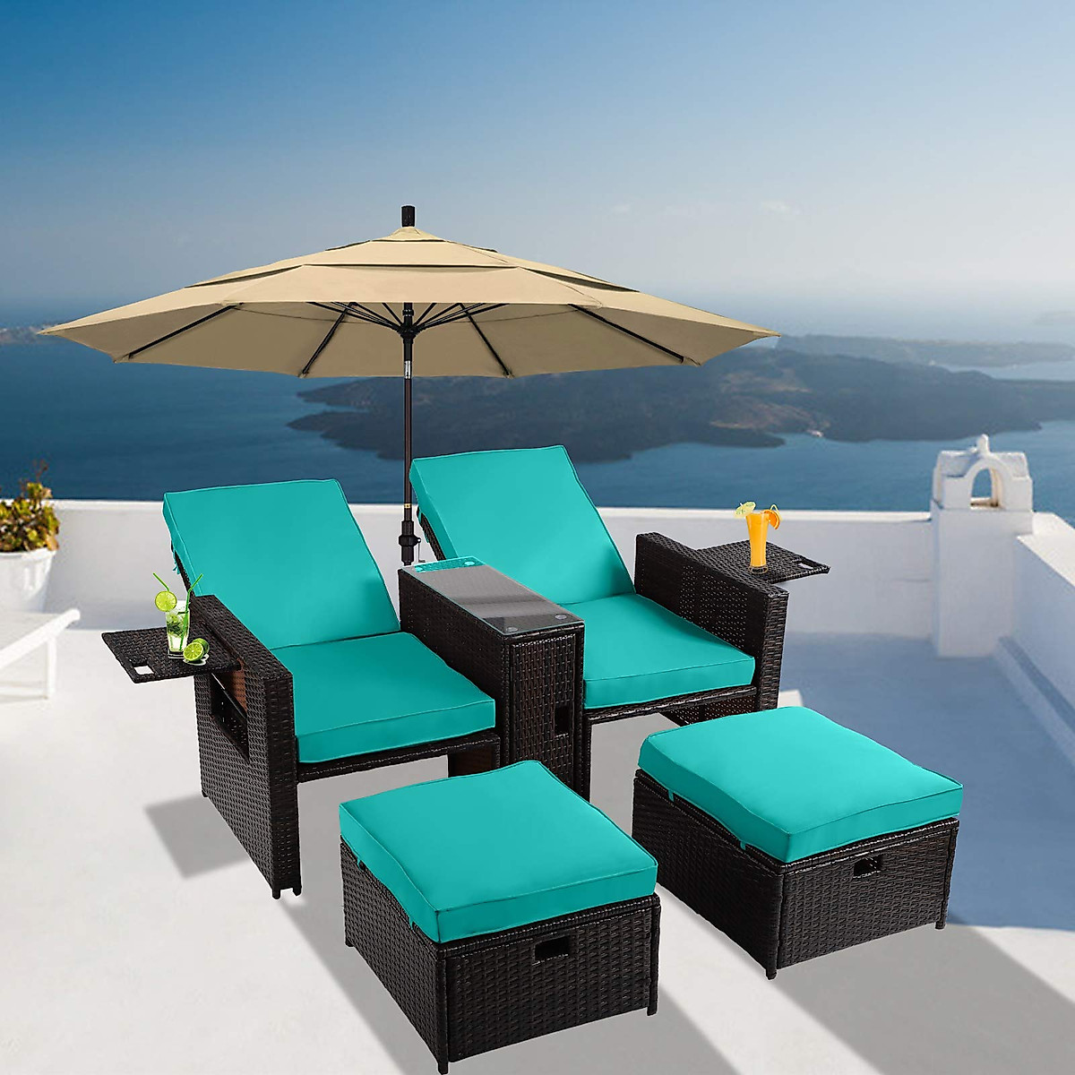 VUYUYU 5PCS Patio Wicker Furniture Set - Outdoor PE Rattan Loveseat Sofa with Adjustable Backrest, Coffee Table, Ottoman - Patio Lounge Chair for Garden, Beach, Poolside, Balcony, Backyard, Deck