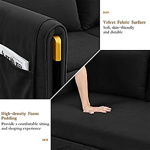 KIVENJAJA Convertible Sleeper Sofa Bed, Modern Velvet Loveseat Couch with Pull Out Bed, Small Love Seat Futon Sofa Bed with Headboard, 2 Pillows & Side Pockets for Living Room, 54” (Black)