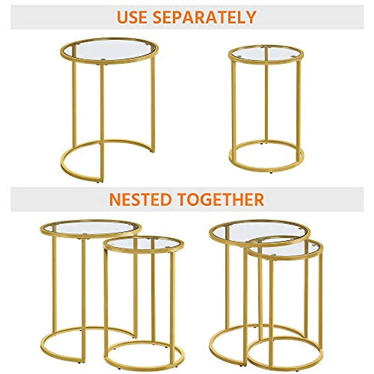 Yaheetech Round Nesting Side Table Stacking Coffee Table, Set of 2 Circular Modern End Tables w/Metal Frame & Tempered Glass Top & Protective Foot Pads for Small Space Living Room Bedroom Office