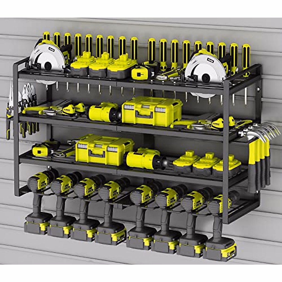 KAFAHOM Power Tool Organizer-8 Drill Holder Wall Mount,4 Layer Heavy Duty Metal Power Tool Storage Rack,Garage Tool Organizer and Storage with Screwdriver Holder/Plier Holder/Hammer Holder