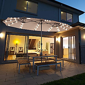 TANGKULA 15 Ft Solar LED Patio Double-Sided Umbrella with Base, Outdoor Twin Umbrella, Extra Large Umbrella w/ 36 Solar Powered LED Lights & Crank System for Garden, Deck, Poolside, Patio (Beige)