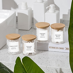 Yaomiao 6 Cotton Pad Holder Bathroom Container, 10 oz Cotton Ball Swabs Dispenser, Clear Plastic Apothecary Jar Organizer with Bamboo Lids for Storage Floss Pick Makeup(Wood Color)