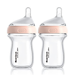 Glass Baby Bottle 6 oz - Breast Like Bottles for Breastfed Babies, Wide Neck, Anti Colic, 3 Months+, 2 Count (Pink)