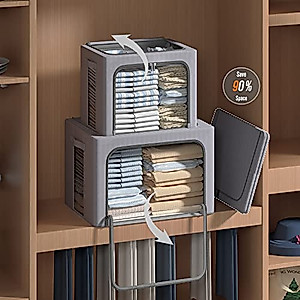 2Pack Stackable Storage Bins Oxford Frame Storage Box with Clear Window, Label Holder, Durable Carry Handles (Light Grey, 3x36L-15.7x11.8x11.8)