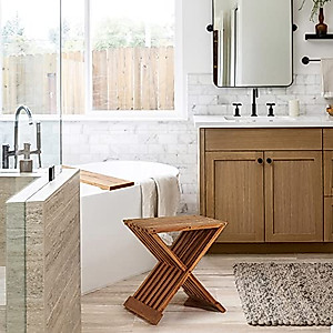 Rose Home Fashion Teak Wood Shower Stool 17" Folding Seat Fully Assembled Waterproof Bench in Bathroom Inside Corner Chair