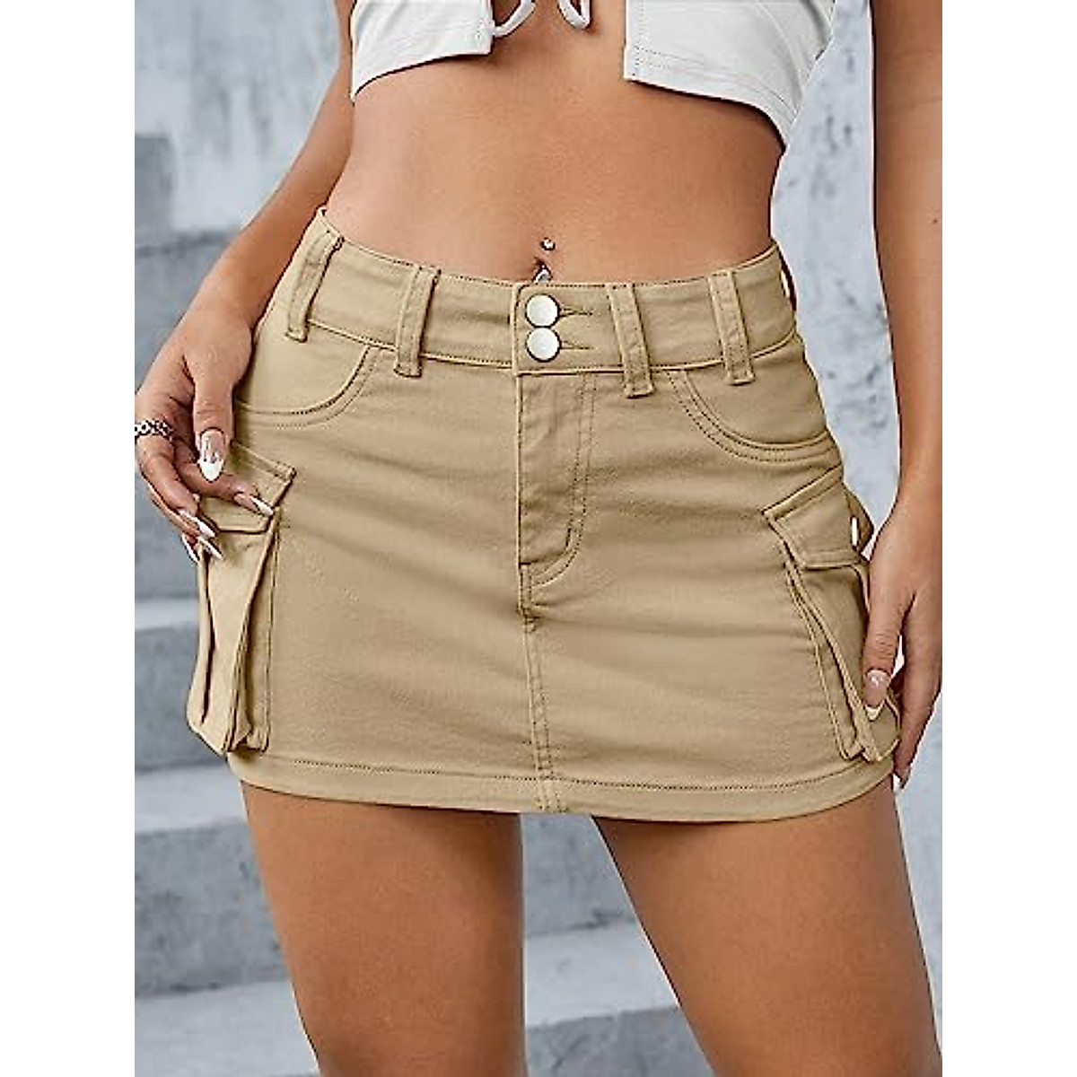 Cargo Skirt Jean Skirt Mini Skirt y2k Jean Skirt for Women Cargo Skirt y2k Cargo Mini Skirt Cargo Skirts for Women Women's Casual Low Waisted Solid Button Up Denim Jean Skirt Khaki