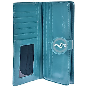 Shag Wear Women's Vegan Leather Slim Trendy Clutch Wallet with 11 Credit Card Slots, Clear ID Window and Zipper Coin Pocket, Piano Symphony Teal