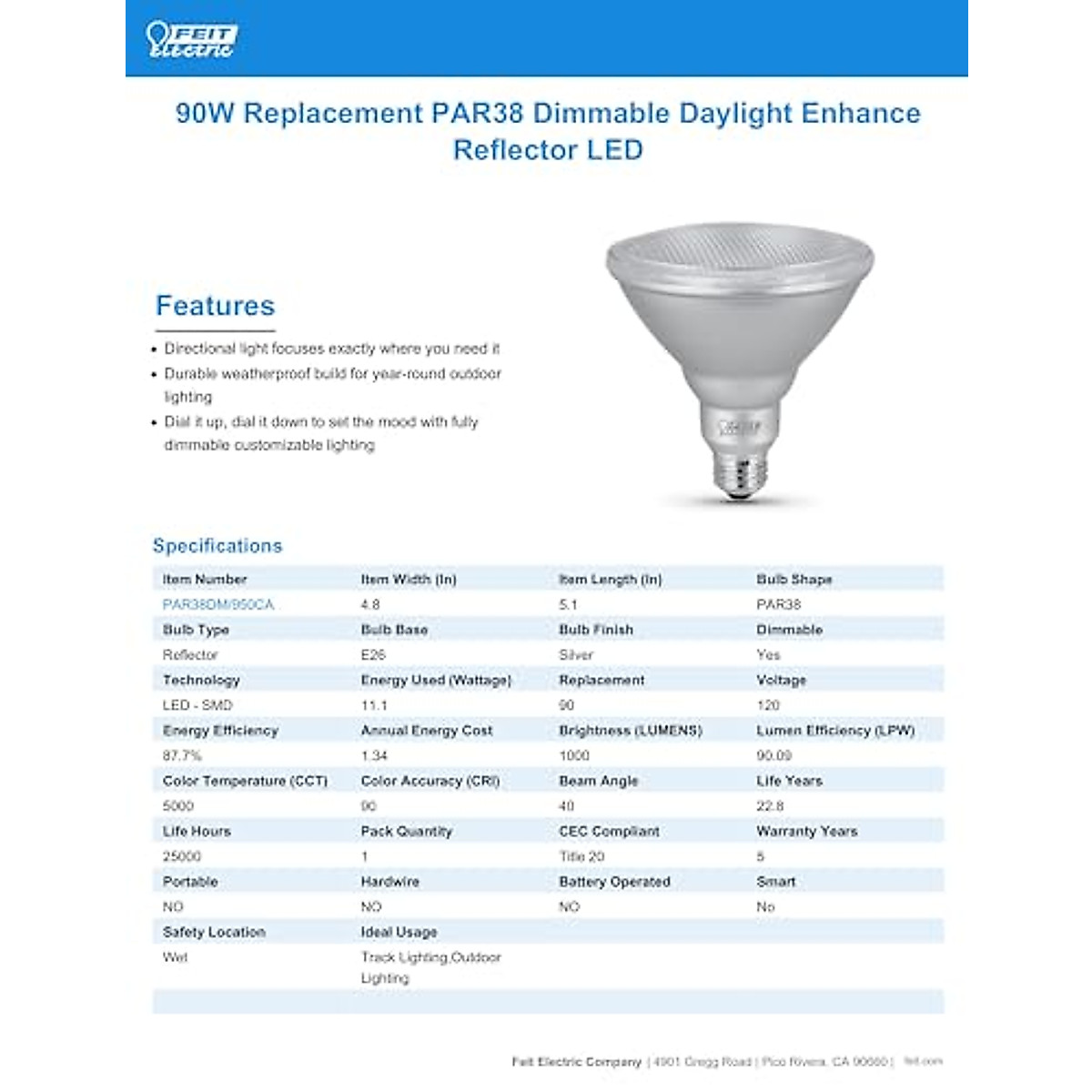 Feit Electric PAR38 LED Bulb, 90W Equivalent, Dimmable, 5000k Daylight, 1000 Lumen, 22 Year Lifespan, E26 Base, PAR38 Flood Light Bulb, CRI 90, Indoor/Outdoor, UL Listed, 1 Pack, PAR38DM/950CA