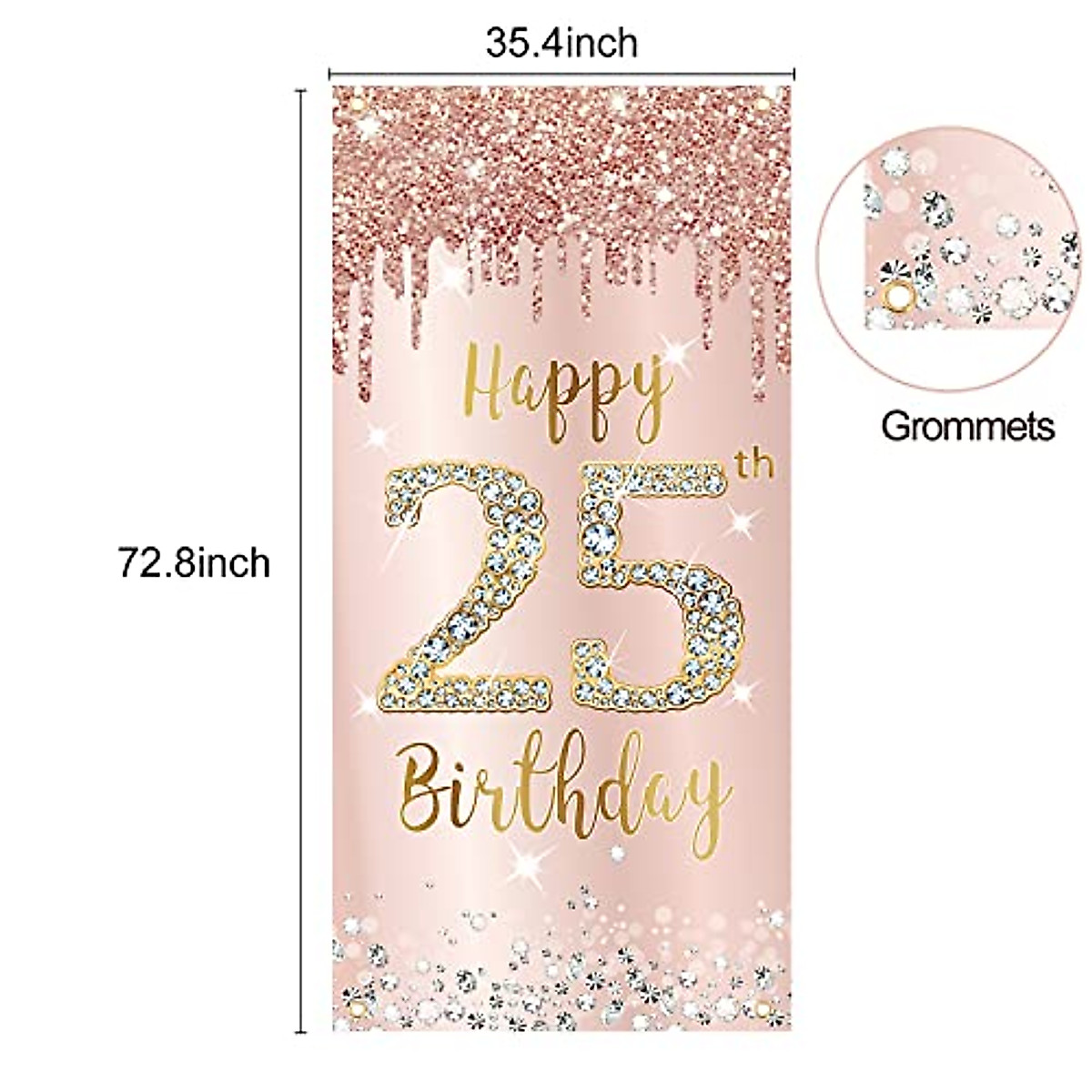 25th Birthday Door Banner Decorations for Women, Pink Rose Gold Happy 25 Birthday Backdrop Sign Party Supplies, Large 25 Year Old Birthday Poster Door Cover Decor