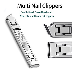 SGNEKOO Ultra-Thin Nail Clippers Foldable Nail Cutter with Double End Curved and Bevel Blade Portable Fingernail Trimmer & Nano Polish Glass File Kit (Silver)