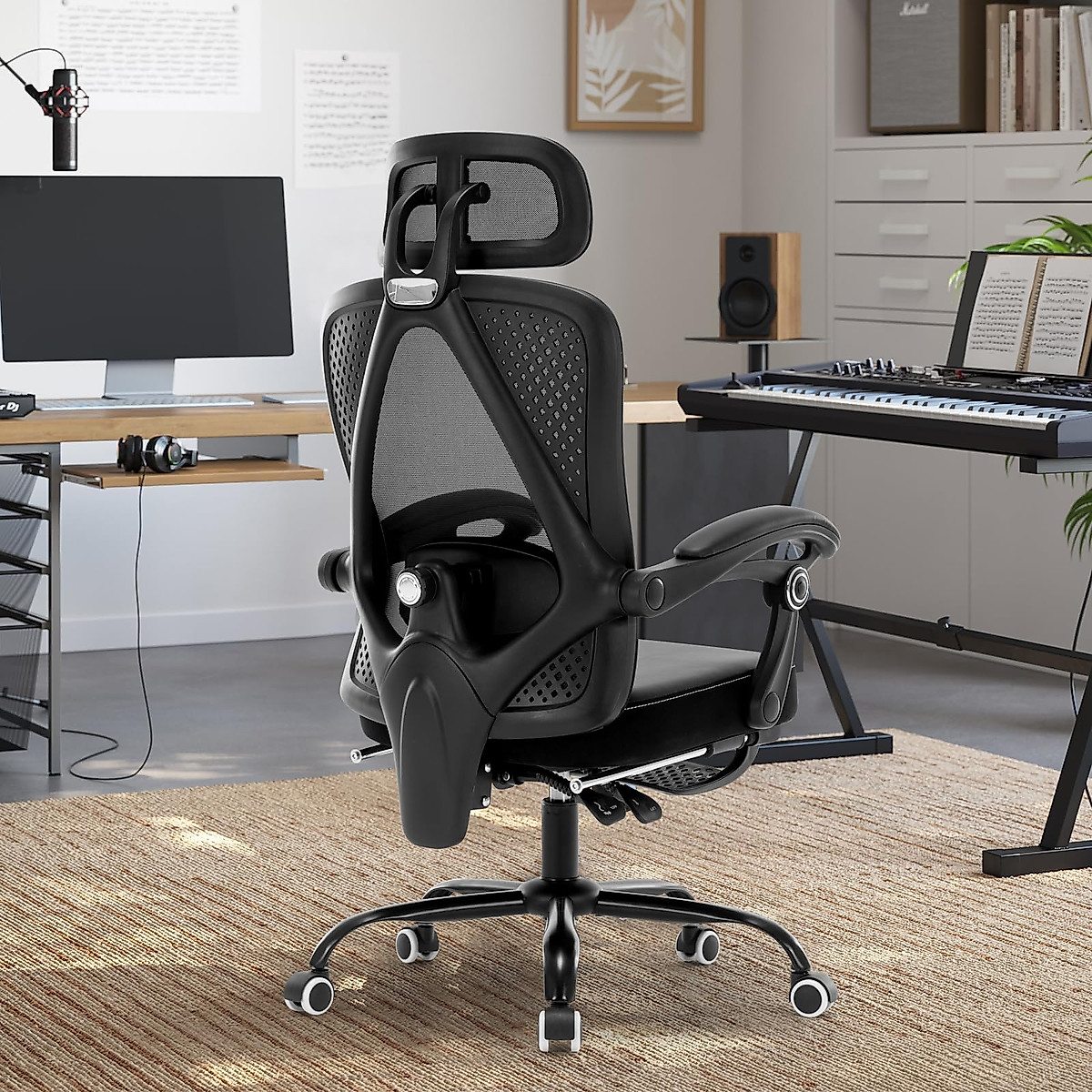 Ergonomic Office Chair, Reclining High Back Home Office Desk Chairs with Adjustable Lumbar Support Swivel Computer Gaming Chair with Headrest Footrest,PU Leather Executive Task Chair, Black