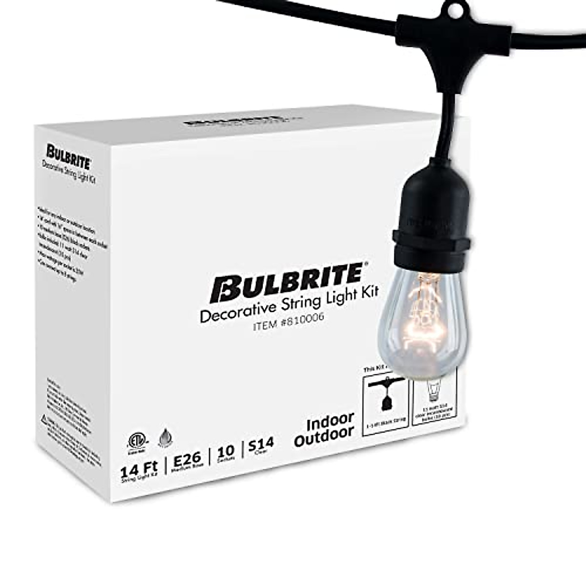 Bulbrite 14 ft, 10-Socket Decorative Kit with Clear Incandescent STRING10/E26/BLACK-S14KT Indoor and Outdoor String Lights, Black